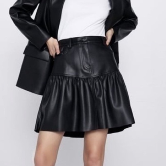 Zara | Skirts | Zara Black Faux Leather Ruffle Skirt | Poshmark